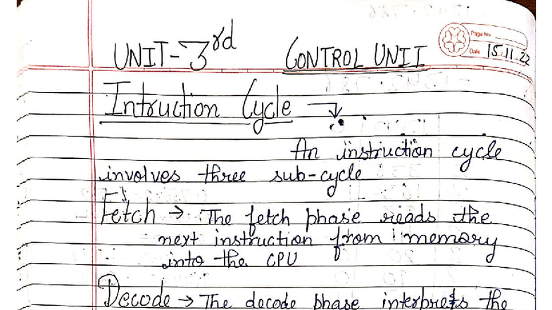 UNIT 3 COA - Control Unit and Instruction Cycle Notes - Studocu