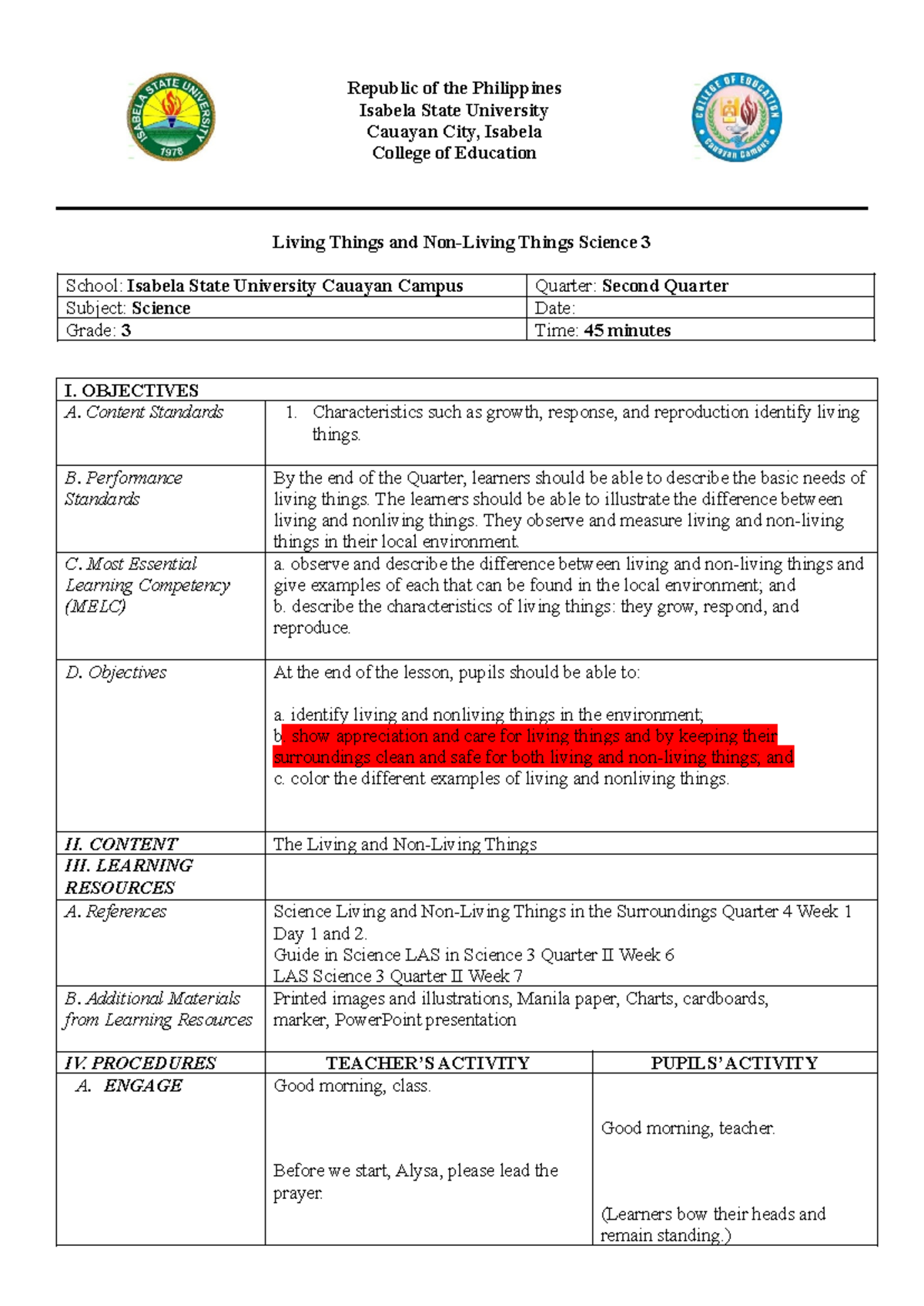 Science 3: Living and Non-Living Things Lesson Plan - Studocu