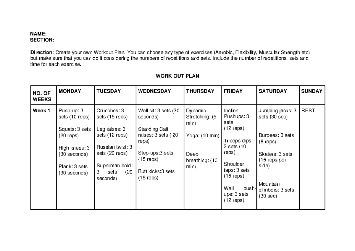 WORK OUT PLAN - A Detailed Workout Plan for Average Fitness - Studocu