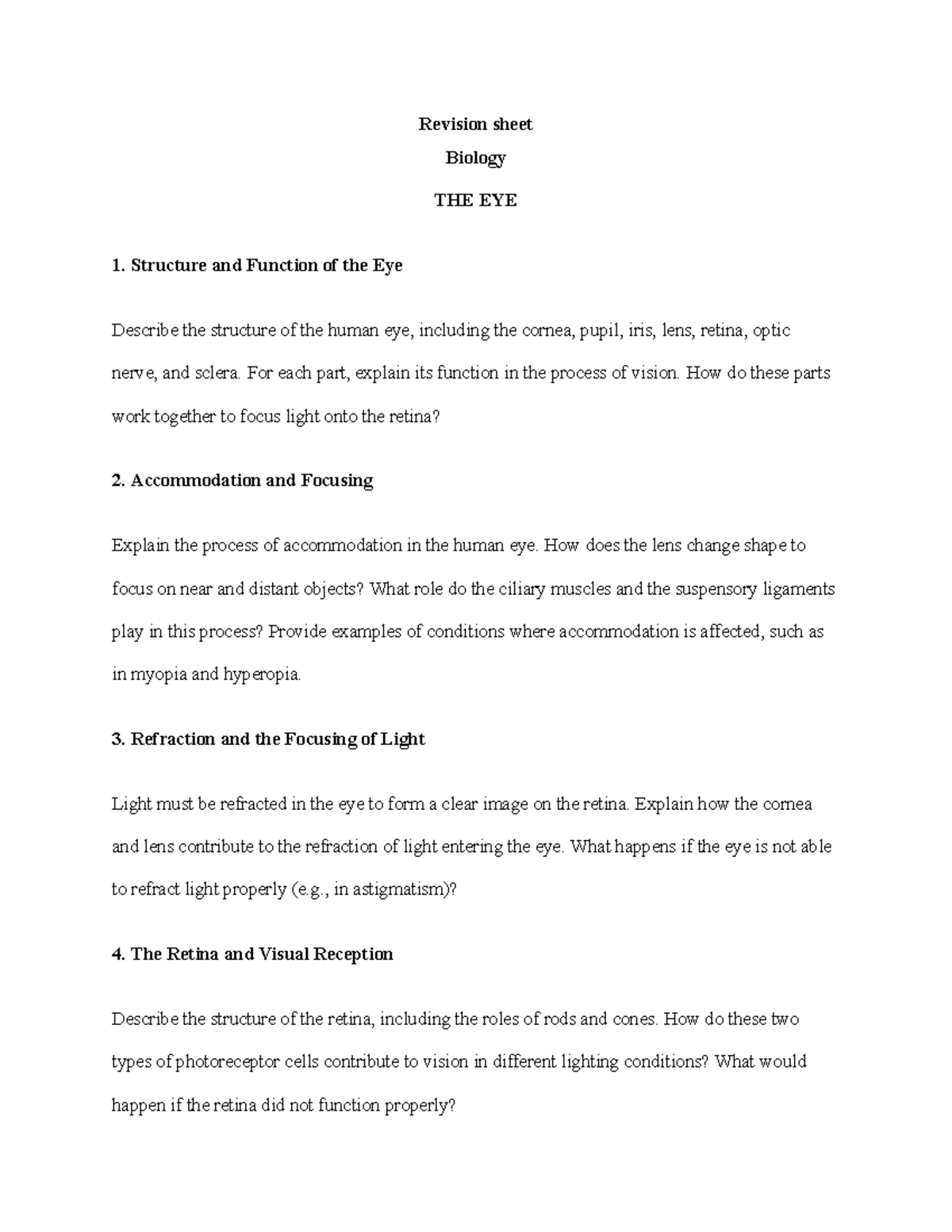 Biology Revision Sheet: Structure, Function, and Diseases of the Eye ...