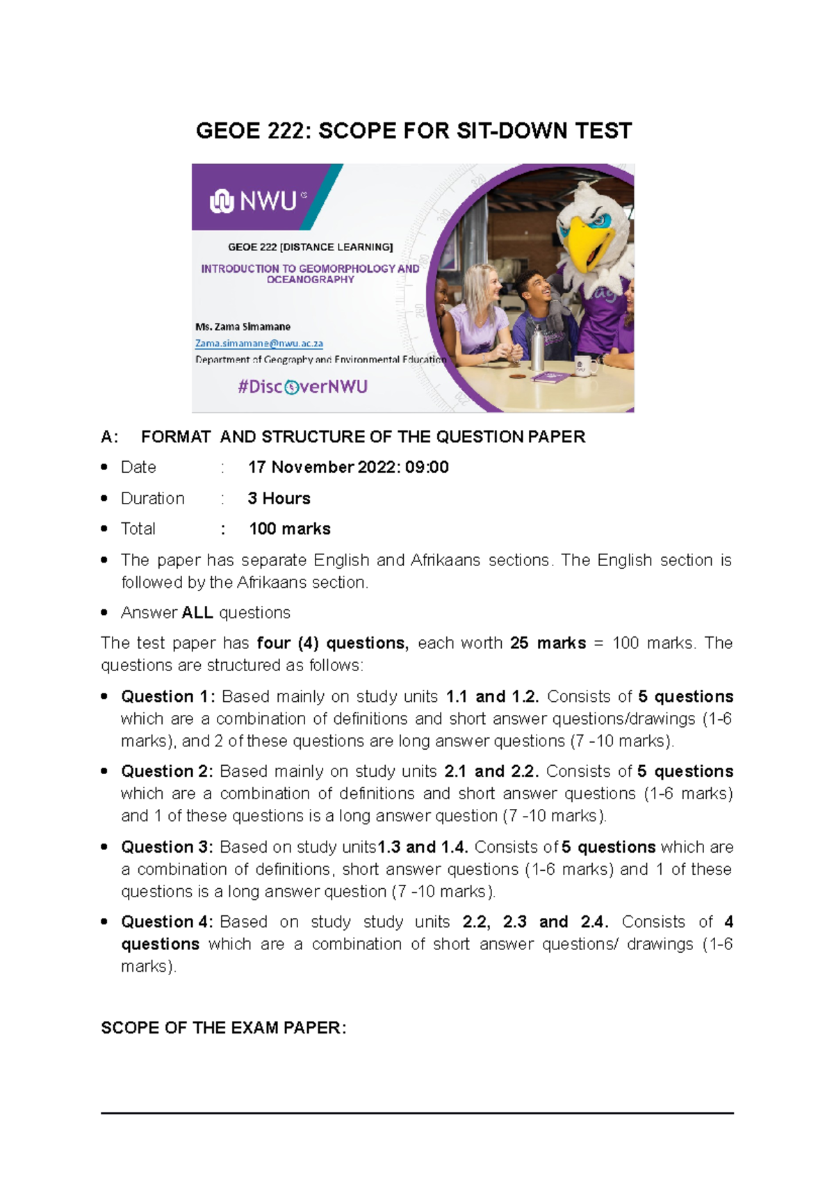 GEOE 222 Sit-Down Test Scope & Structure Overview - Studocu