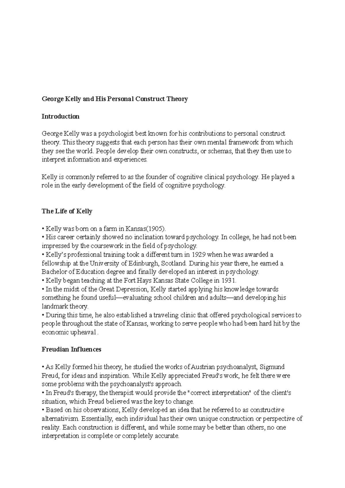 George Kelly's Personal Construct Theory (Psychology Assignment) - Studocu