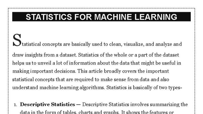 STATISTICS FOR MACHINE LEARNING: Key Concepts and Applications - Studocu