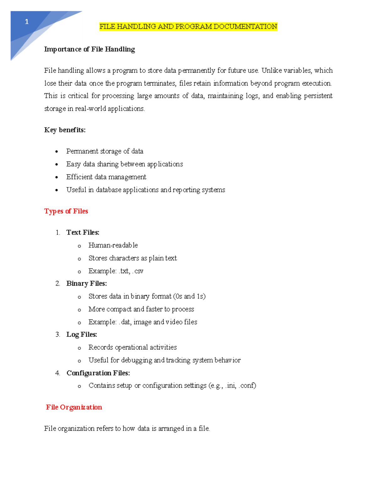 File Handling and Program Documentation (CSE 101) - Studocu