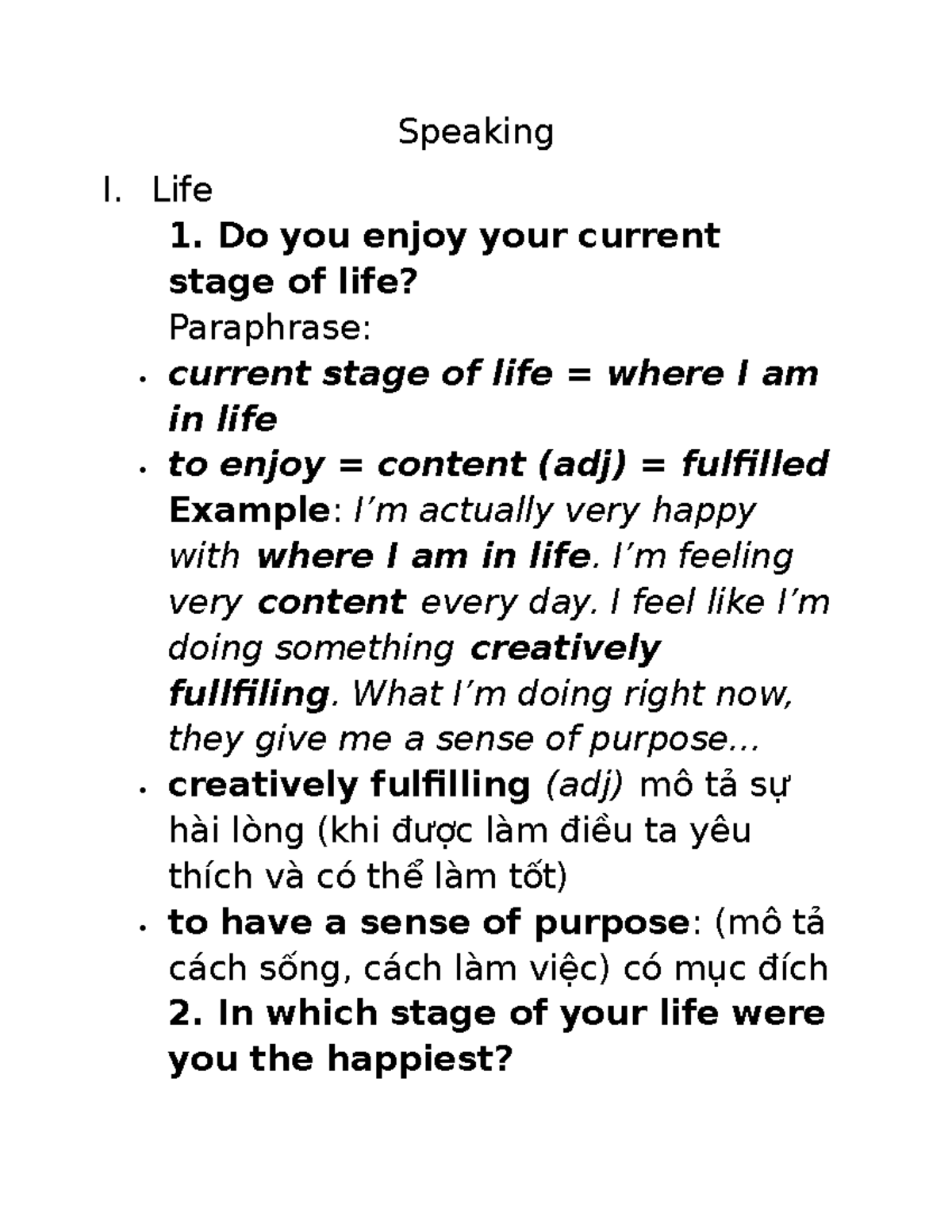 Speaking I: Life Stages and Career Reflections (Band 7.0 7.5) - Studocu