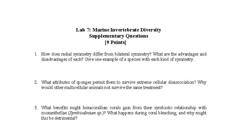 Lab 7: Marine Invertebrate Diversity Questions & Concepts - Studocu
