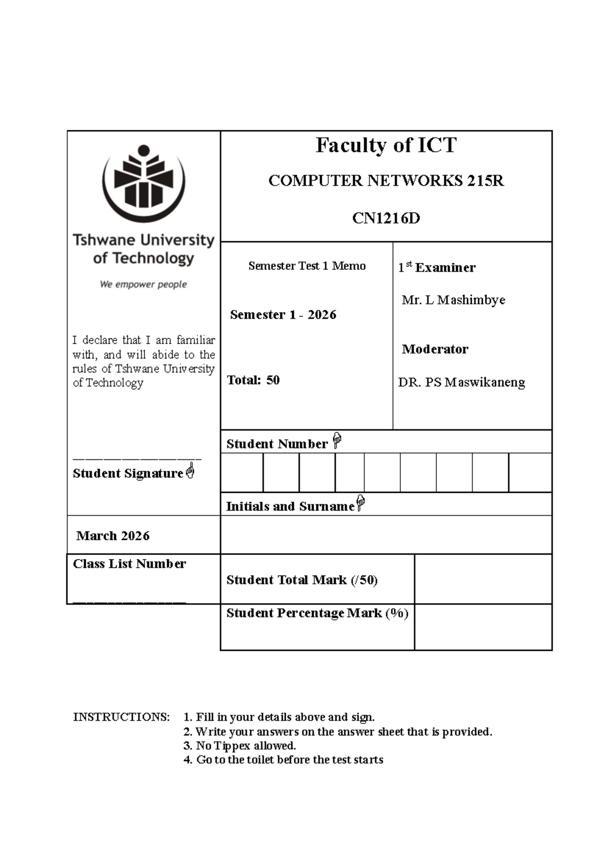 CN1216D COMPUTER NETWORKS 215R Semester Test 1 Memo 2026 - Studocu