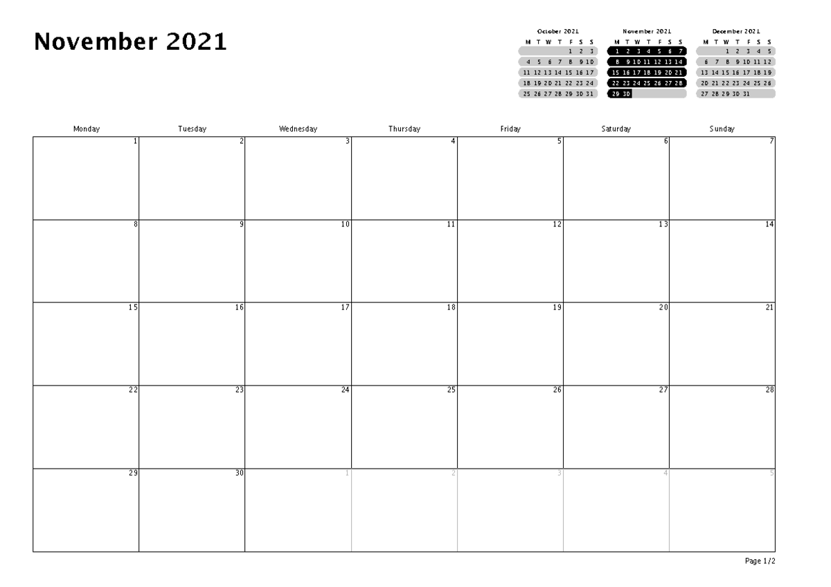 Calendar — Month — 1:11:21 to 31:12:21 - November 2021 11 12 13 14 15 ...