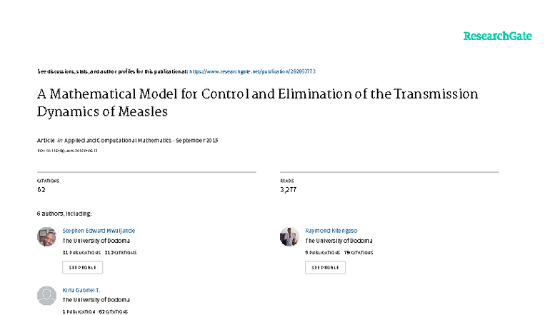 A Mathematical Model for Measles Control and Elimination (MATH 101 ...