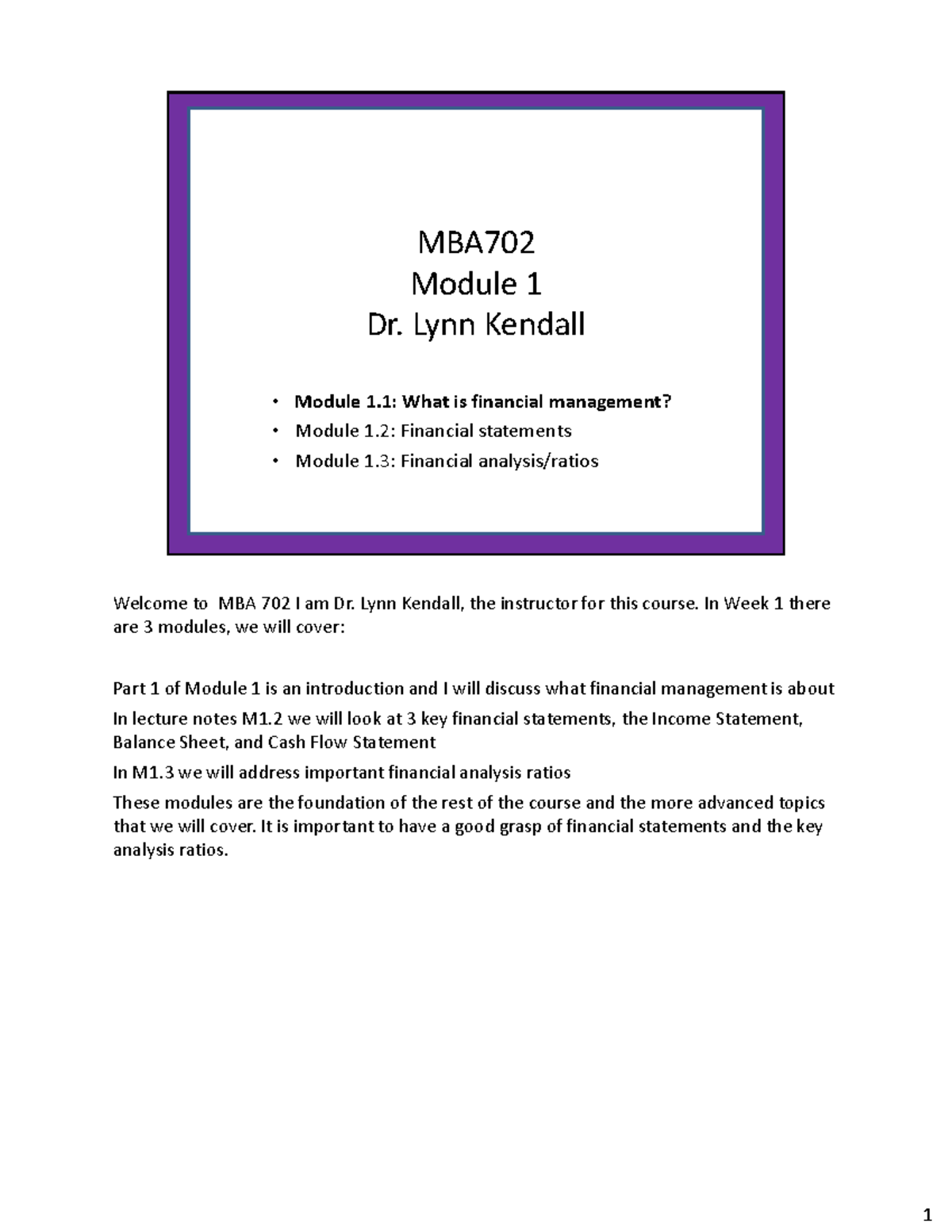 MBA 702: Financial Management Introduction - Module 1 Overview - Studocu