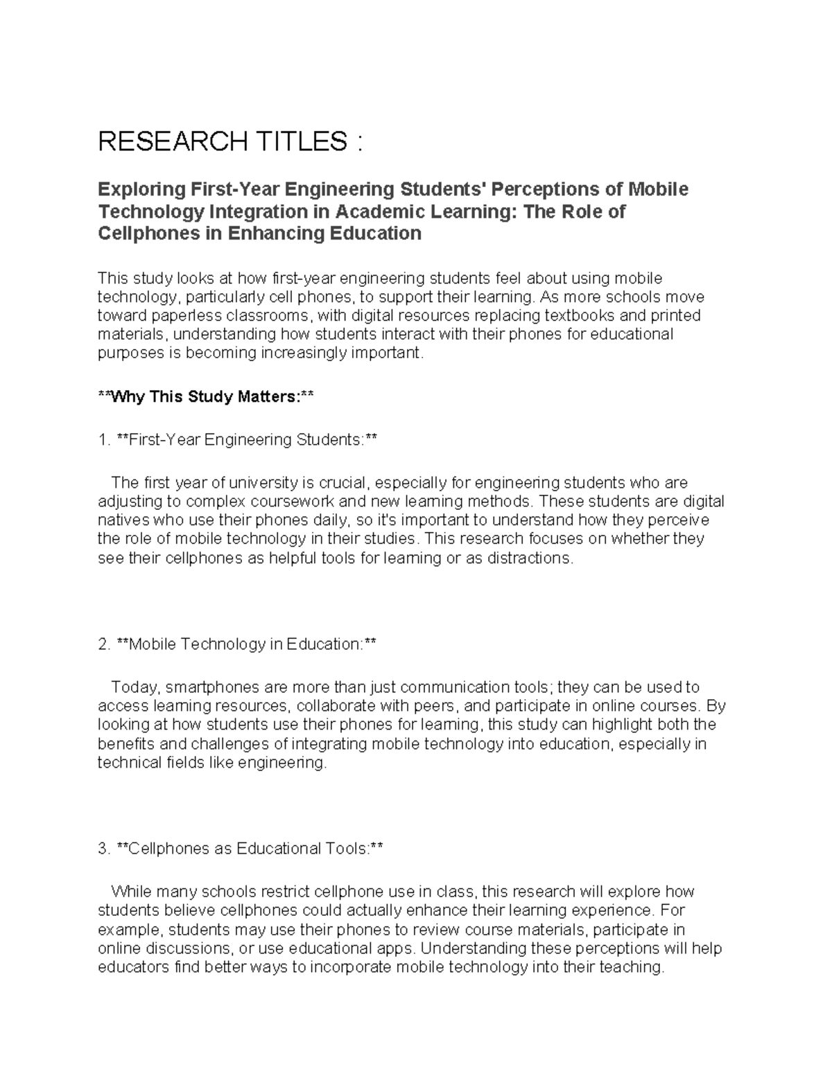 Research - RESEARCH TITLES : Exploring First-Year Engineering Students ...