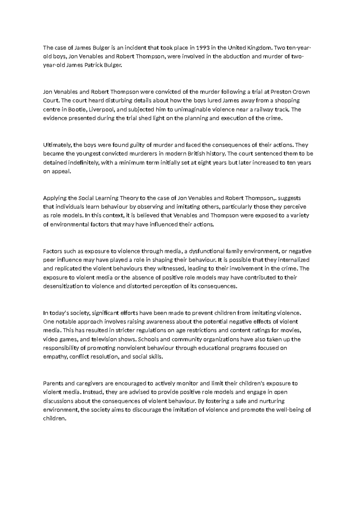 Psychology Analysis of the James Bulger Case: Impacts of Violence - Studocu