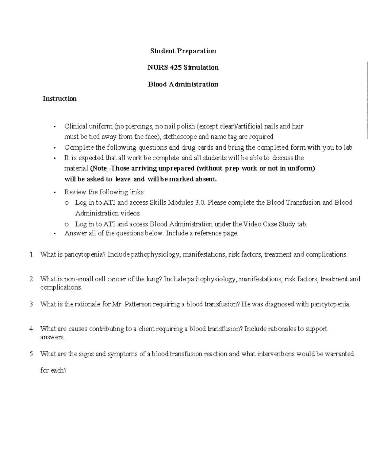 Blood Transfusion Simulation Prep Work NURS 425: Clinical Instructions ...