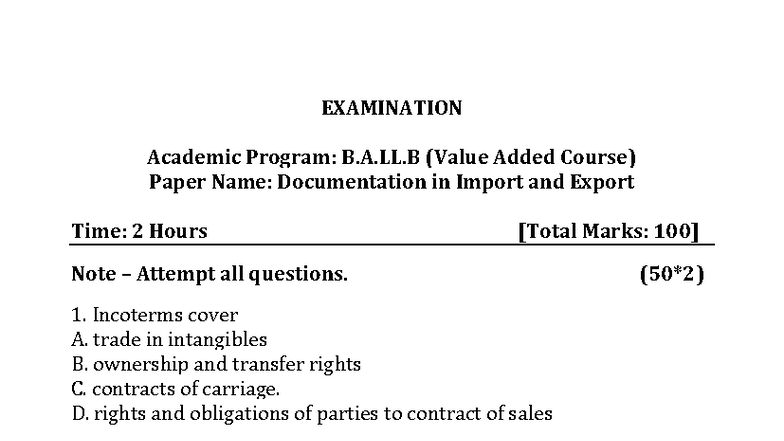 B.A.LL.B Value Added Course: Exam Qs on Import & Export Docs - Studocu