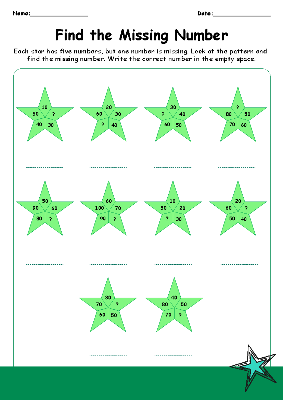 Find the Missing Number in the Stars - Kindergarten Worksheet - 10 ...