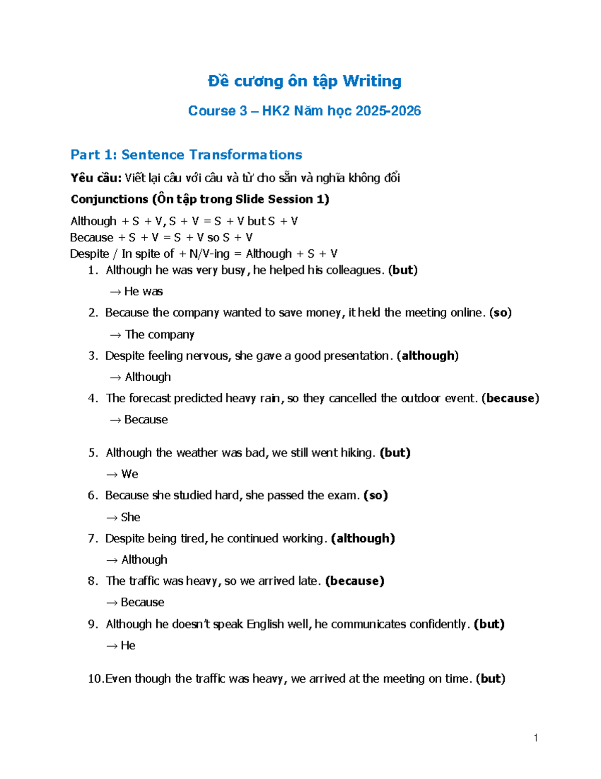 C3 HK2 Final Exam Writing Course: Sentence Transformations & Email ...