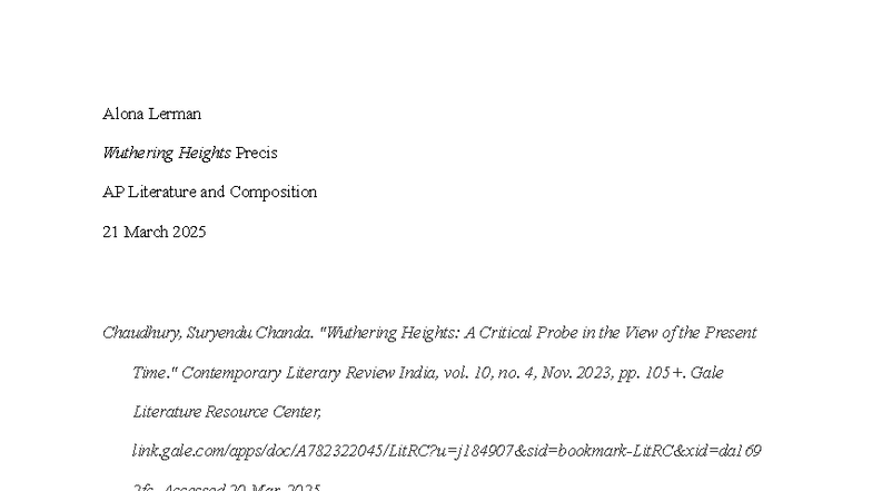 Wuthering Heights: A Critical Precis AP Lit & Comp - Studocu