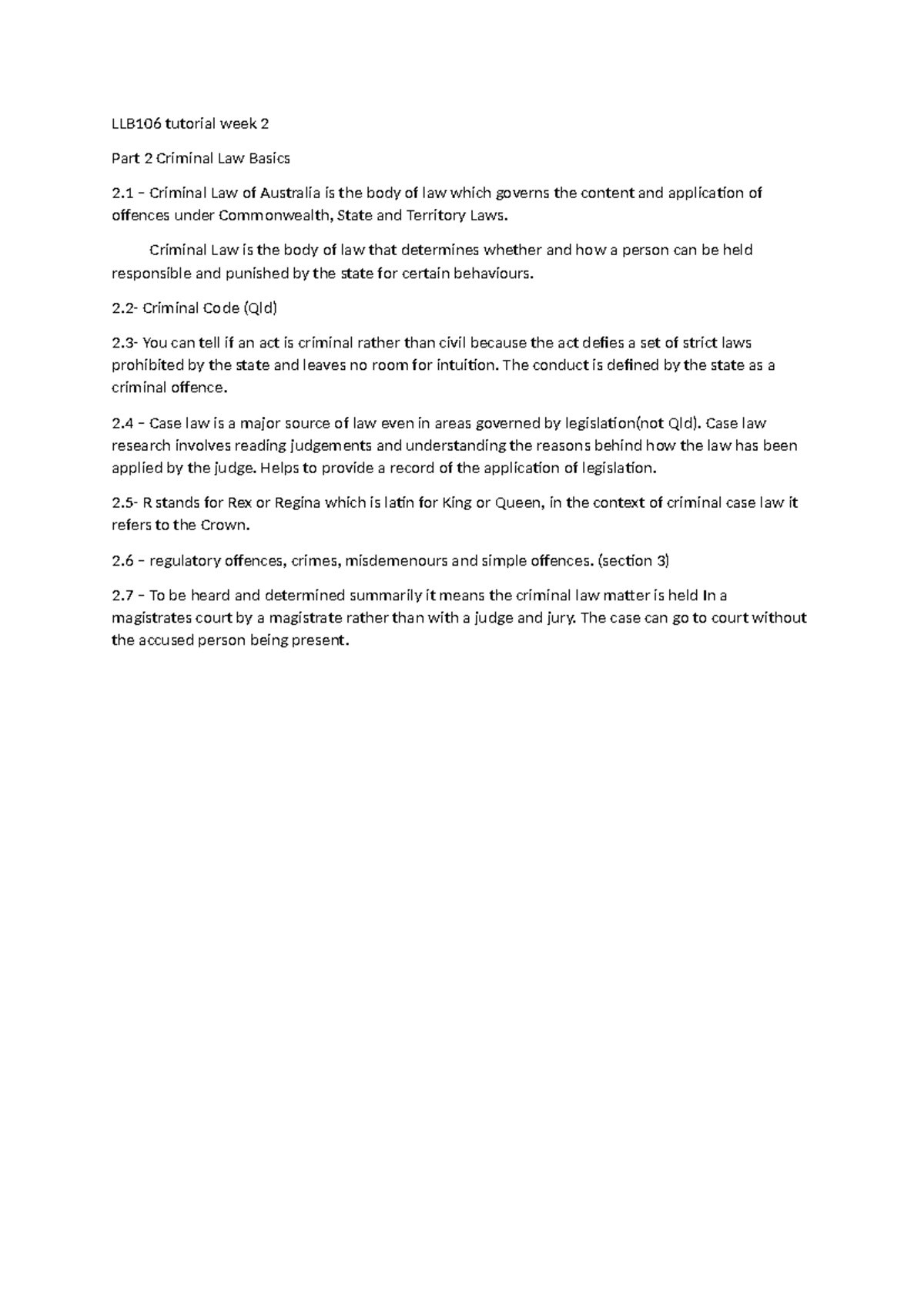 LLB106 Tutorial Week 2: Overview of Criminal Law Basics in Australia - Studocu