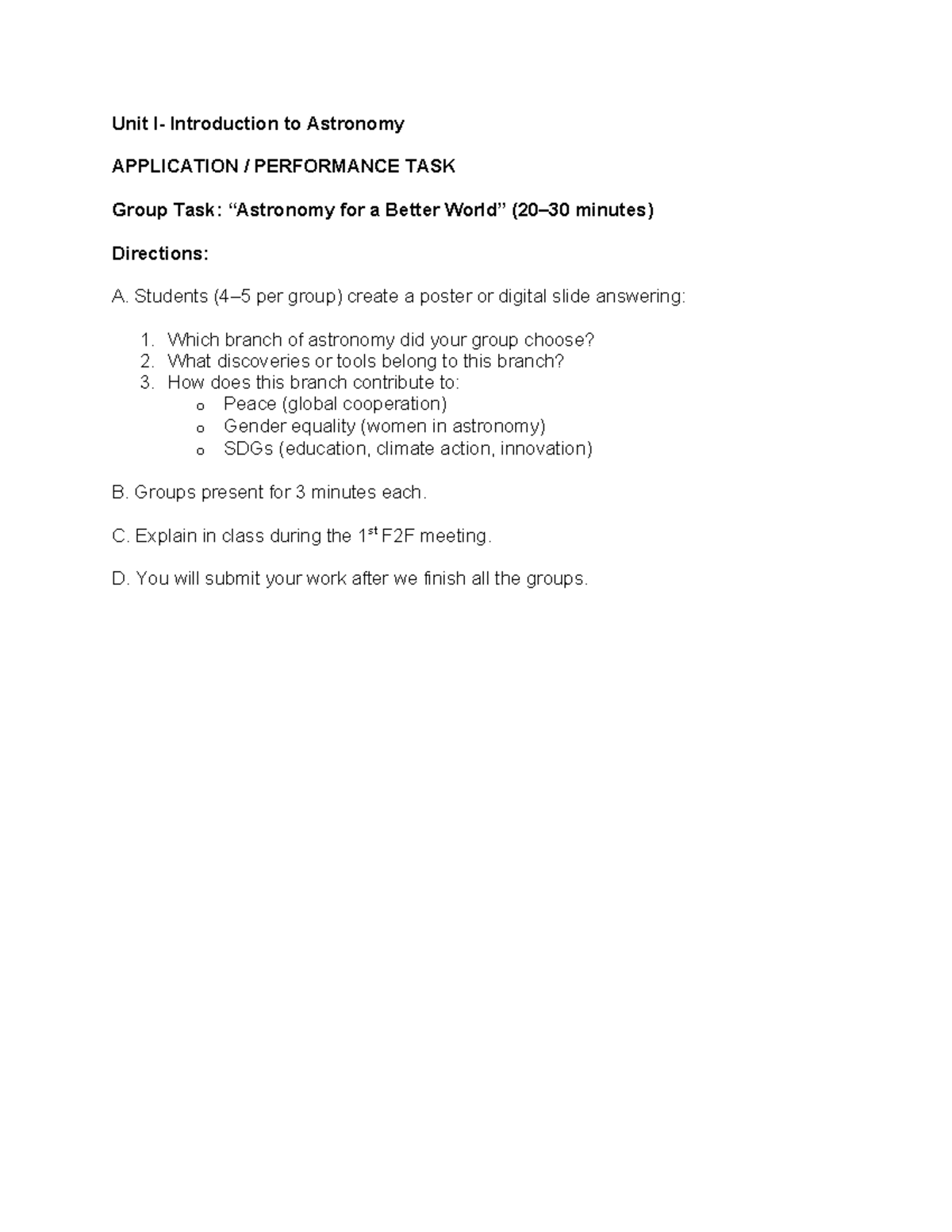 Performance Task Unit I Introduction to Astronomy - Unit I ...