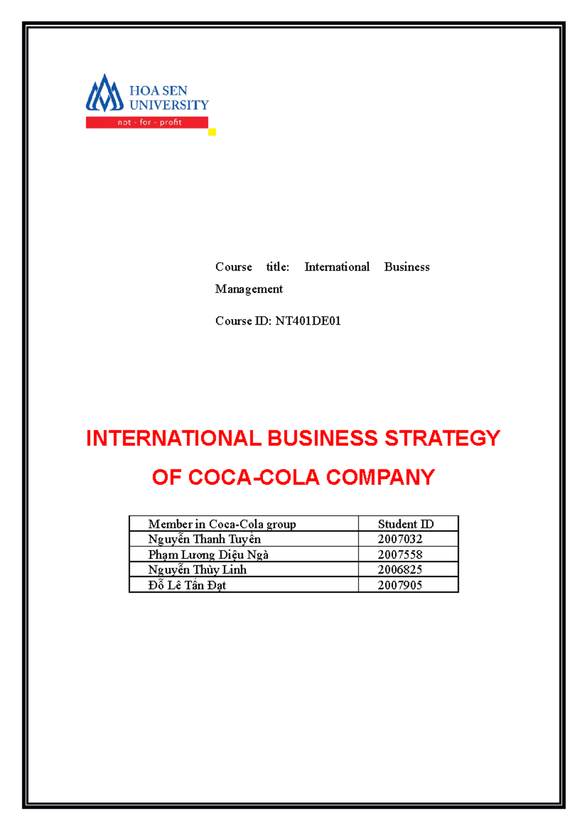 COCA COLA Corporation Analysis - Course title: International Business ...