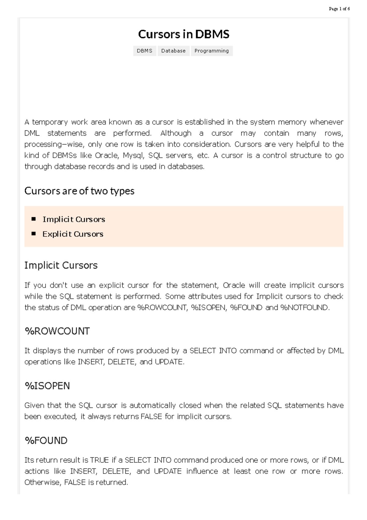 Cursors in DBMS - Cursors in DBMS DBMS Database Programming A temporary work area known as a ...