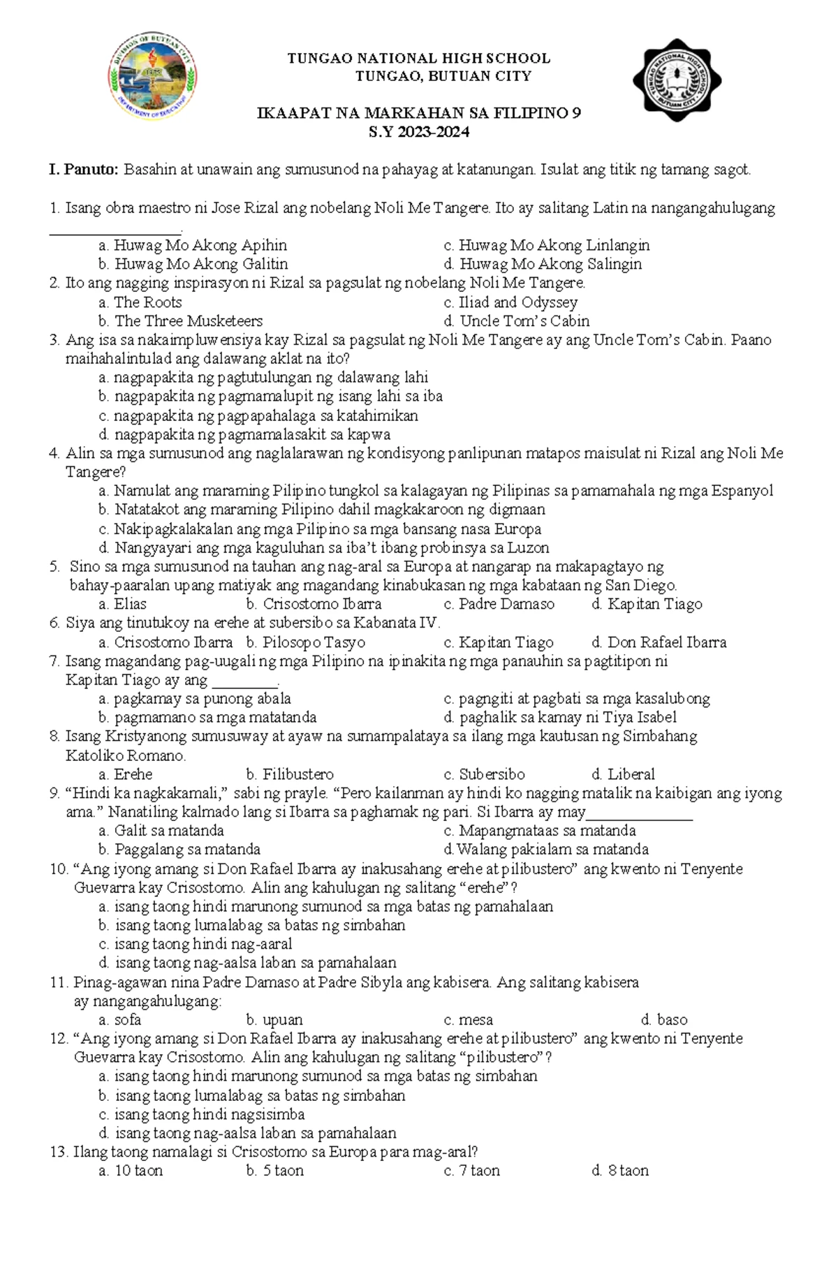 Pagsusulit sa Parabula: Ang Tusong Katiwala - Filipino 10 Unang ...