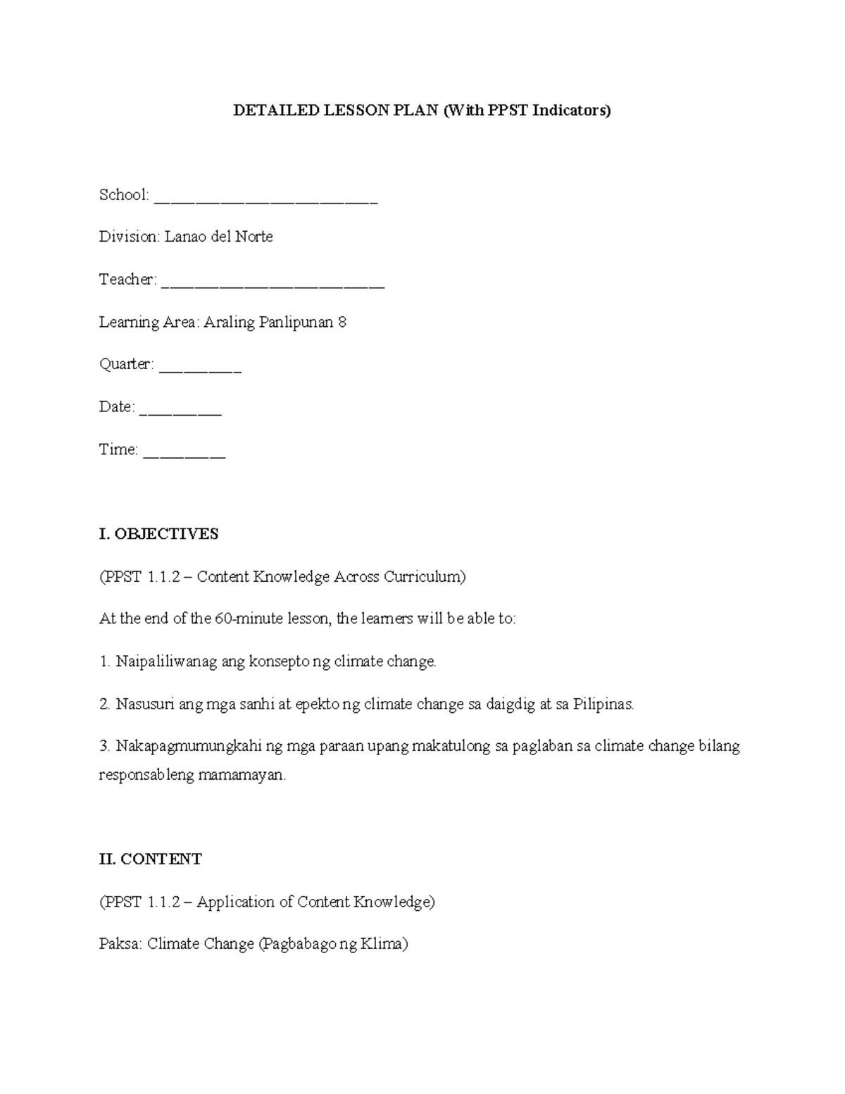 DLP Grade 8 AP: Lesson Plan on Climate Change with PPST Indicators ...