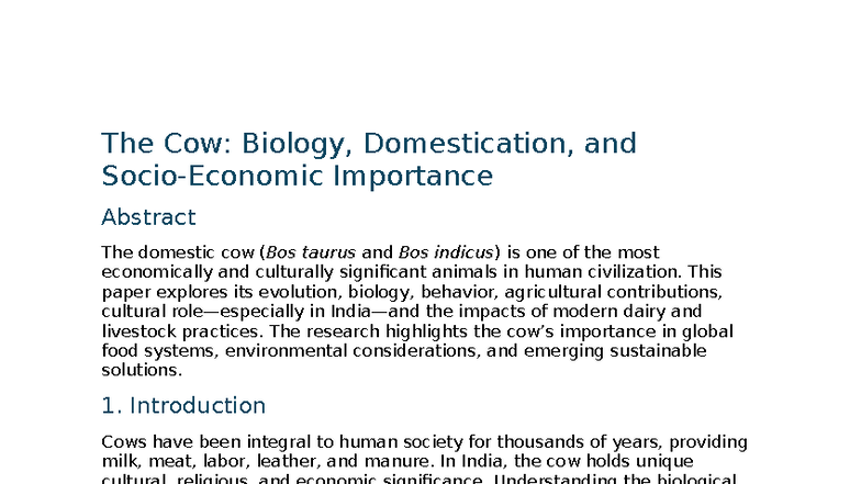 Cow Research Paper - The Cow: Biology, Domestication, and Socio ...