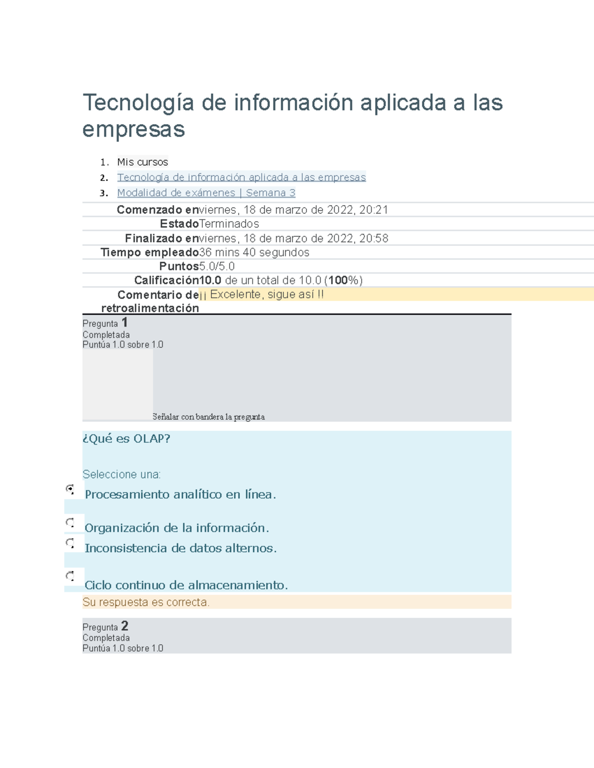 Tecnología de información aplicada a las empresas examne semana 3 ...