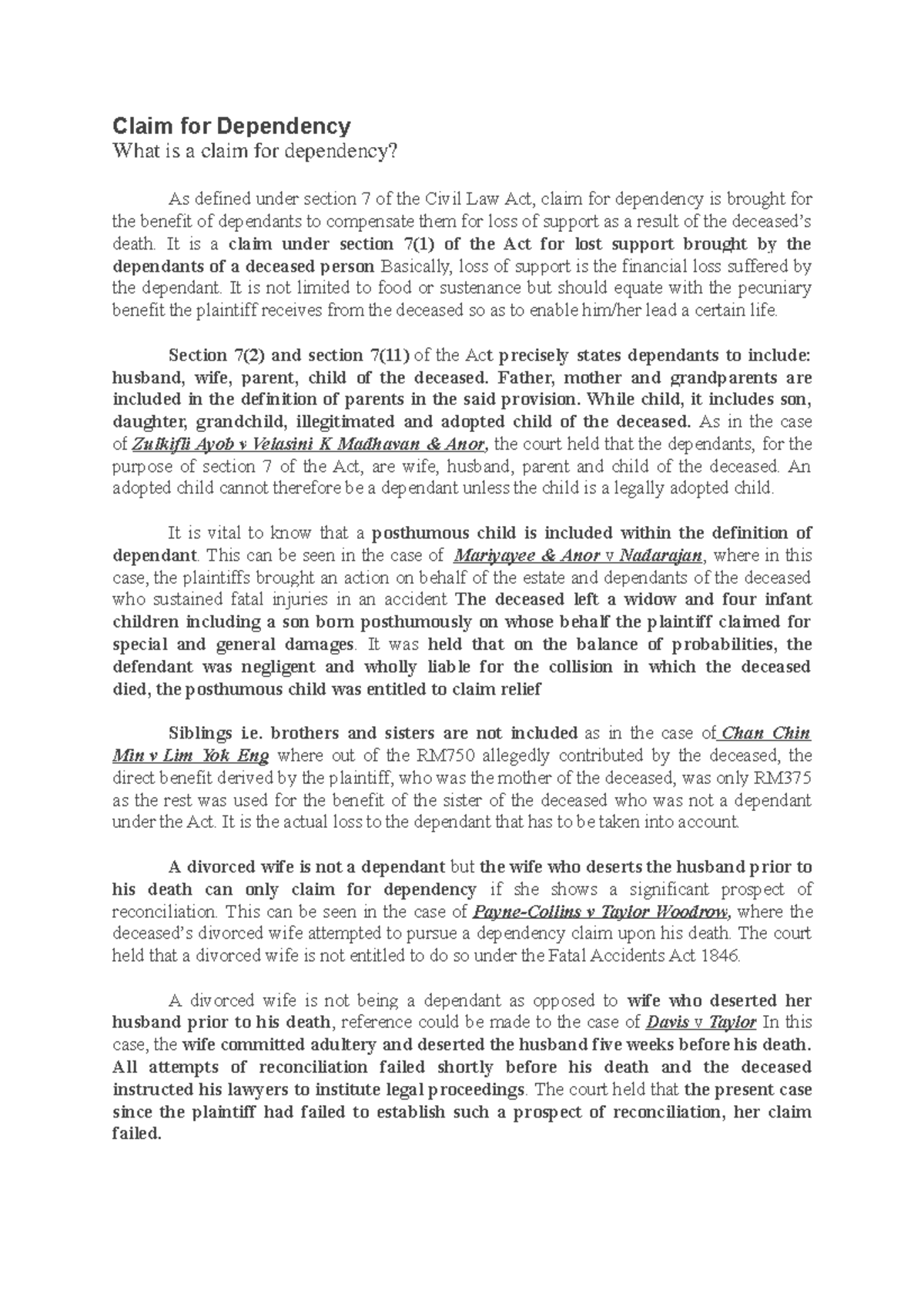 1.1 Claim for Dependency: Legal Overview & Key Cases in Civil Law - Studocu