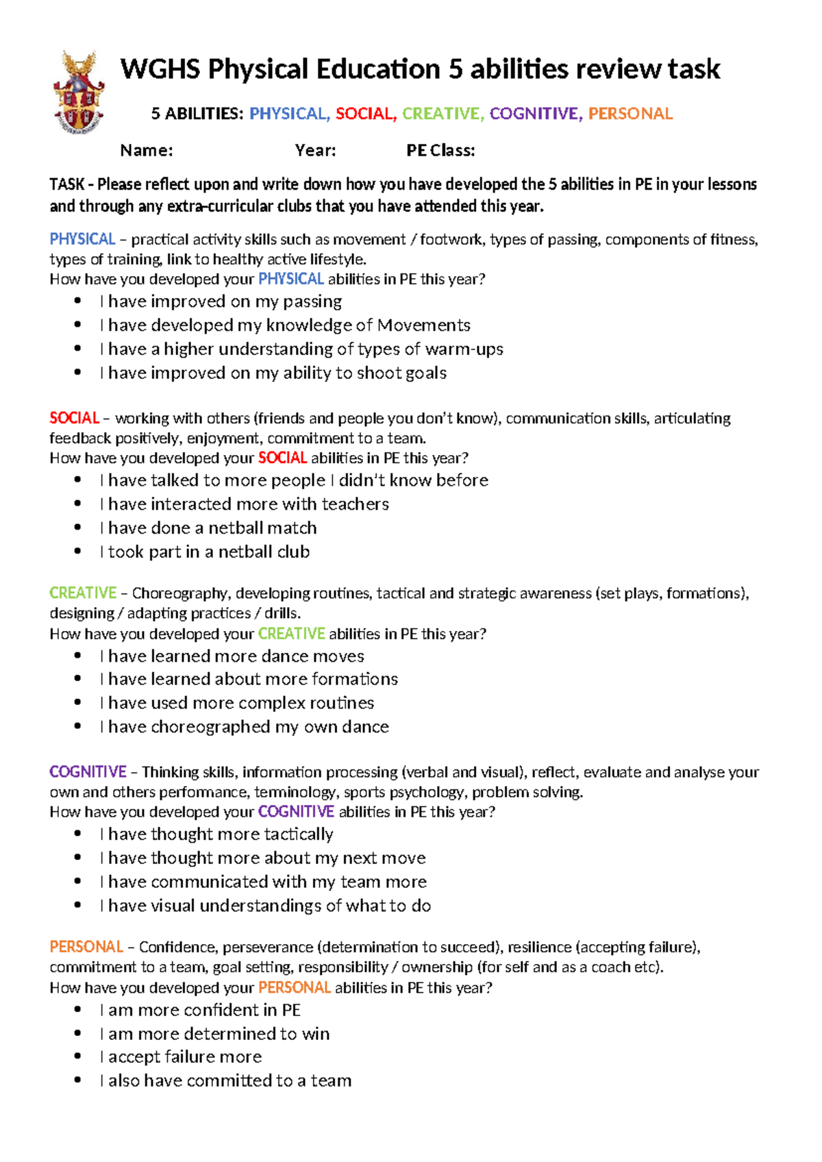 WGHS PE 5 Abilities Review Task: Physical, Social, Creative, Cognitive ...