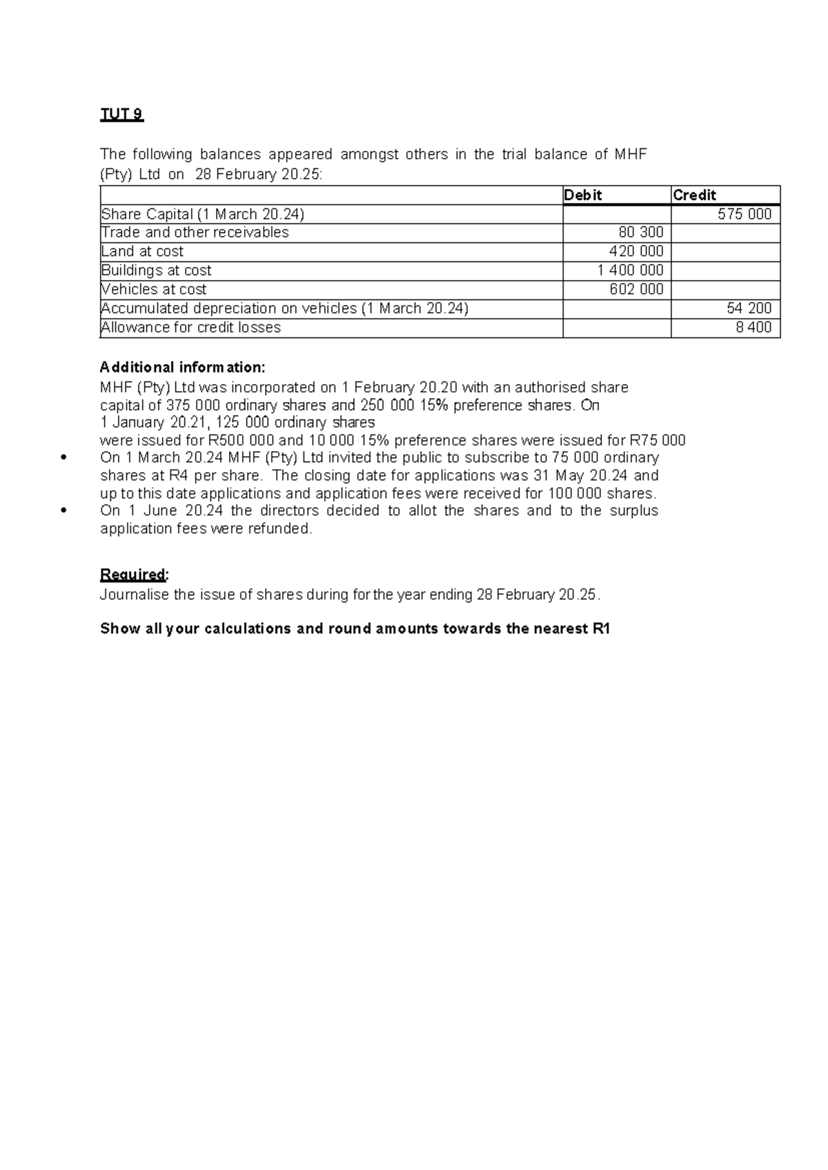 TUT 9 - Journal Entries for Share Issuance at MHF (Pty) Ltd - Studocu