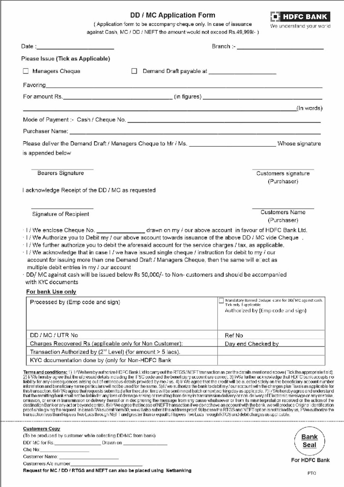 HDFC Bank DD & MC Application Form for RTGS Transactions - Studocu