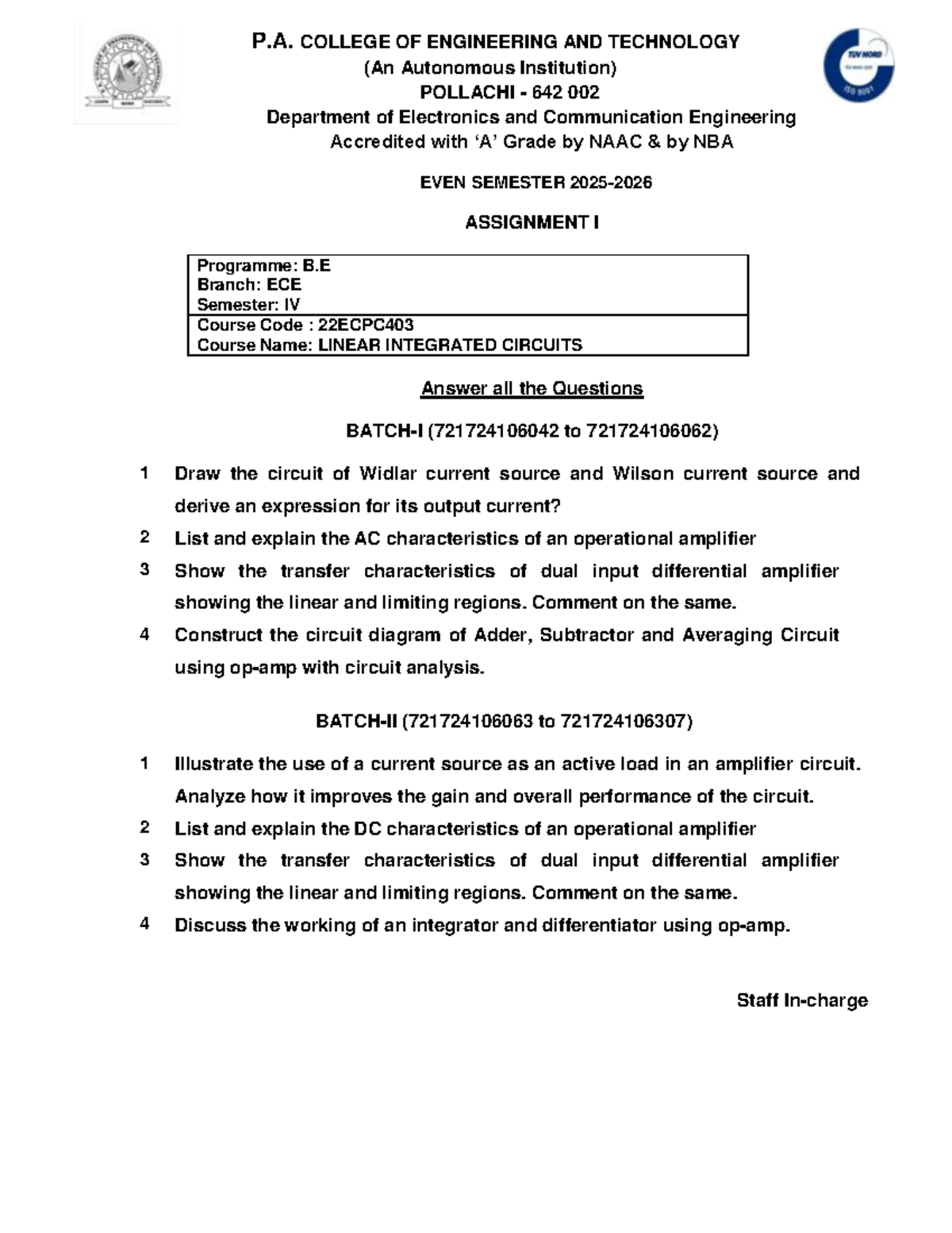 22ECPC403 ECE IV Sem Assignment I: Linear Integrated Circuits - Studocu