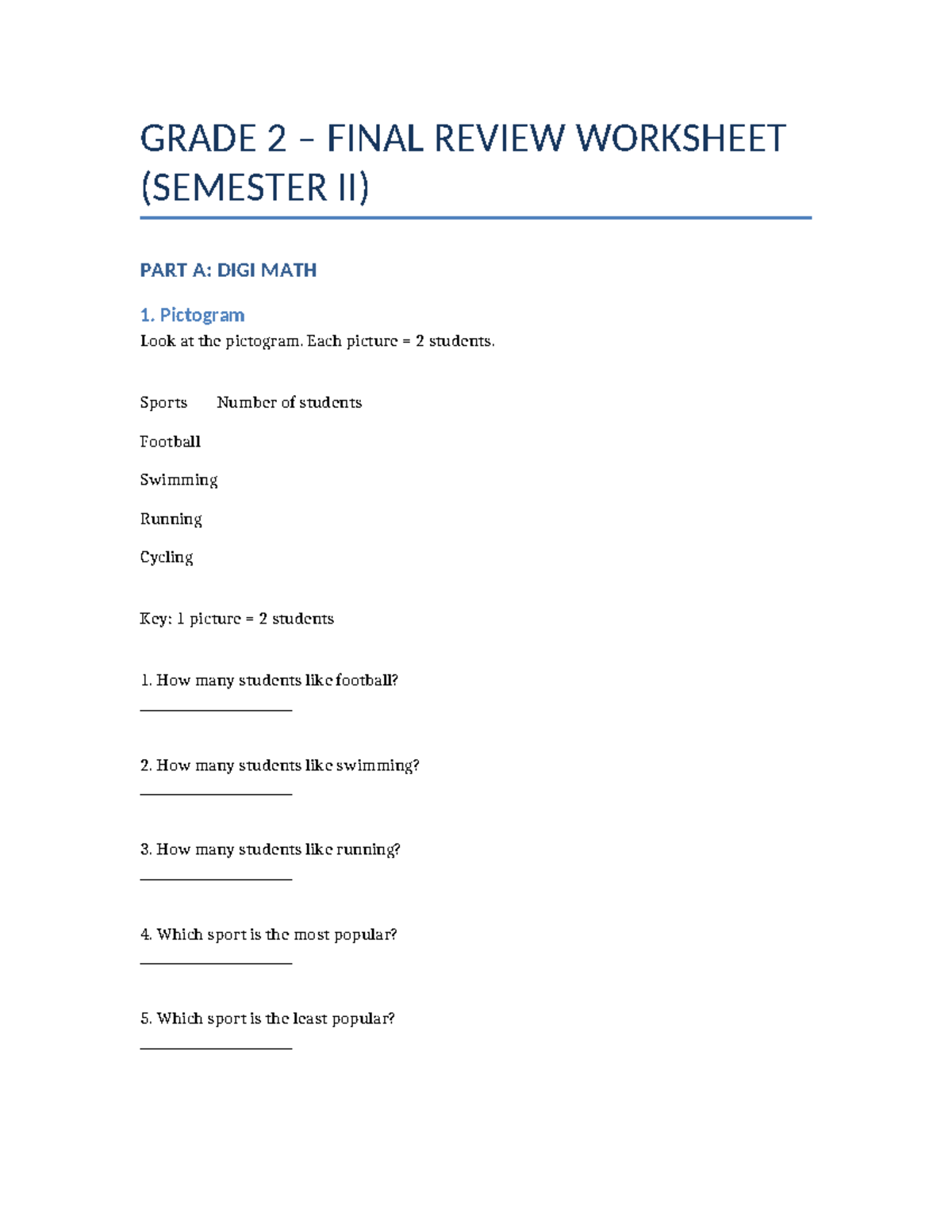 GRADE 2 FINAL REVIEW WORKSHEET (SEM II) - MATH & SCIENCE - Studocu