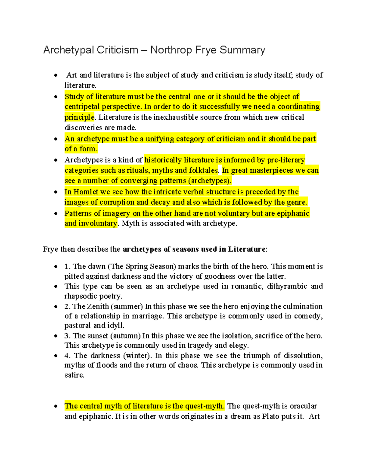 Archetypal Criticism Summary: Insights from Northrop Frye - Studocu