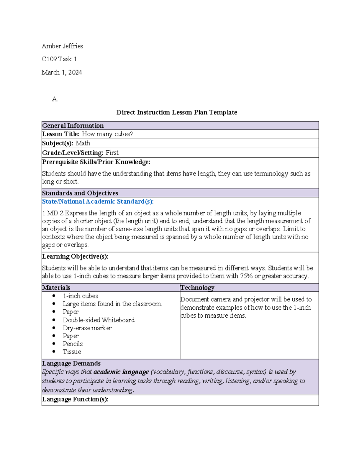 C109 Task 1 - Direct Instruction Lesson Plan: Measuring with Cubes - Studocu