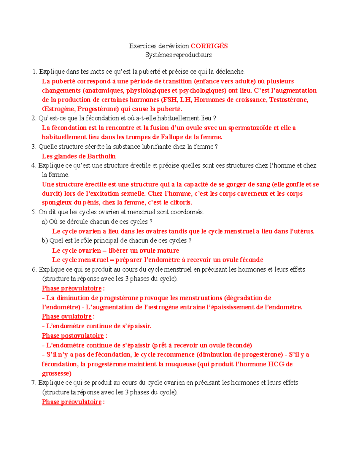 Corrigé des Exercices de Révision sur le Système Reproducteur - Studocu