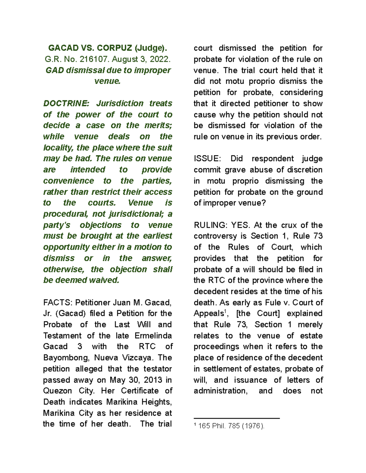 Gacad VS. Corpuz (Judge), 2022 (GAD dismissal due to improper venue ...