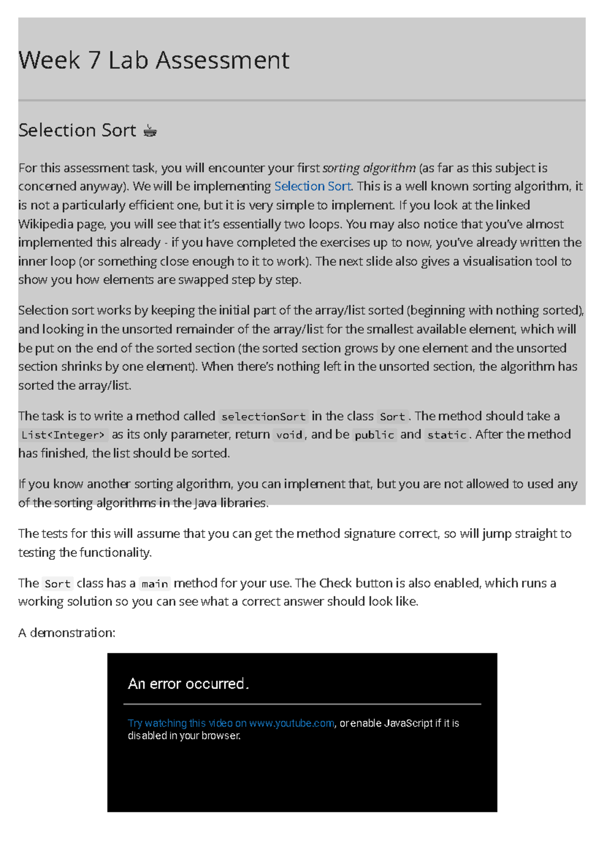 Week 7 Lab Assessment - Wk 7 lab description - Week 7 Lab Assessment Selection Sort ☕ For this ...