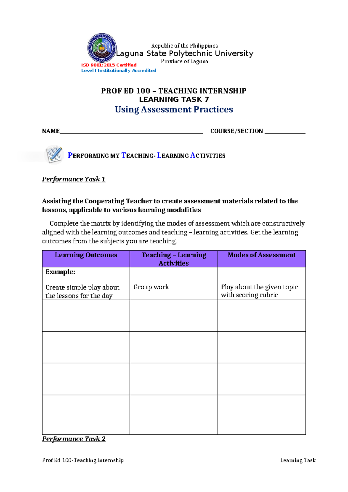 PROF ED 100 Teaching Internship: Learning Task 7 Assessment Tools - Studocu