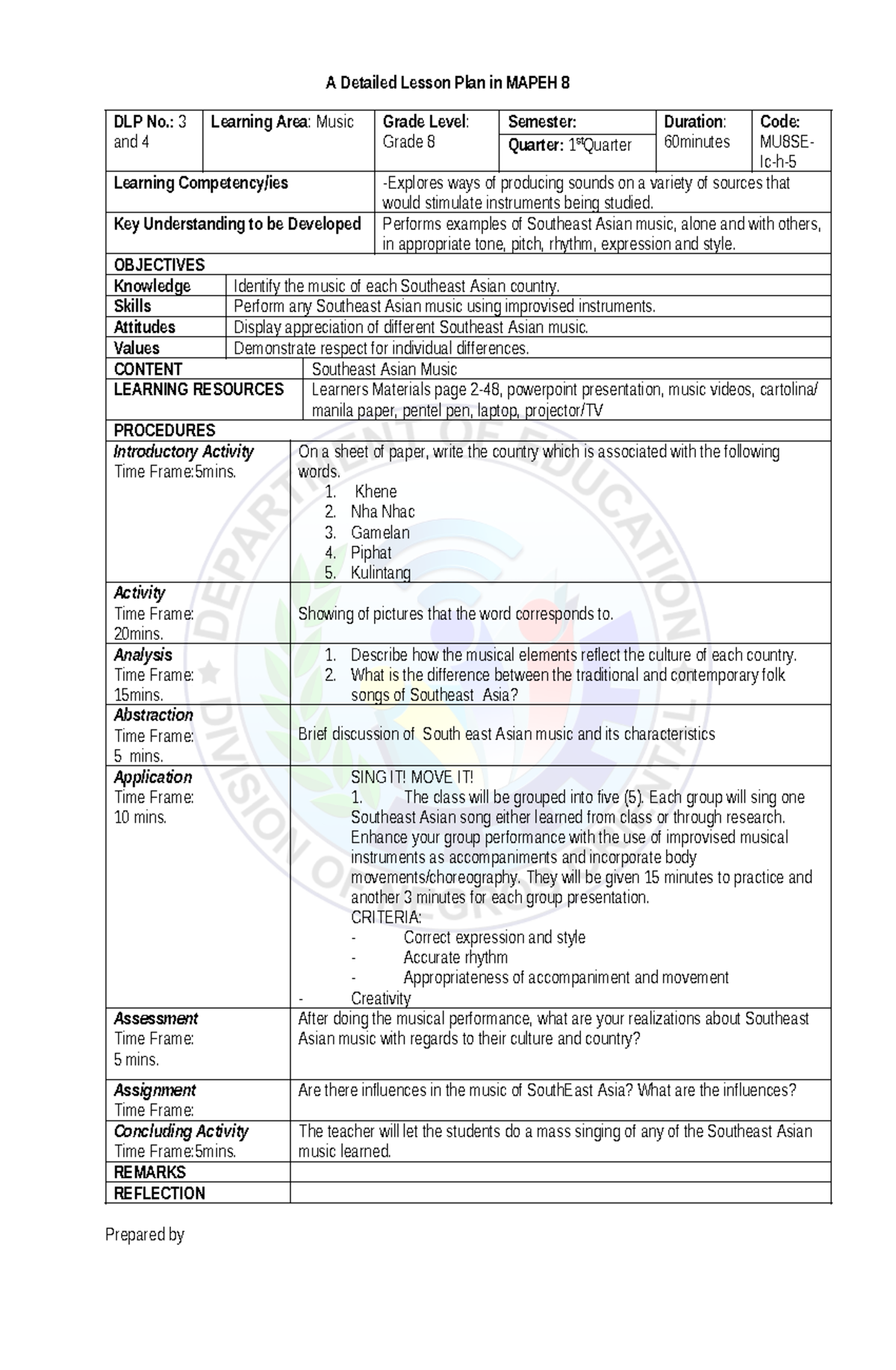 Music 8 Q1 DLP No. 3 & 4: Detailed Lesson Plan on Southeast Asian Music ...