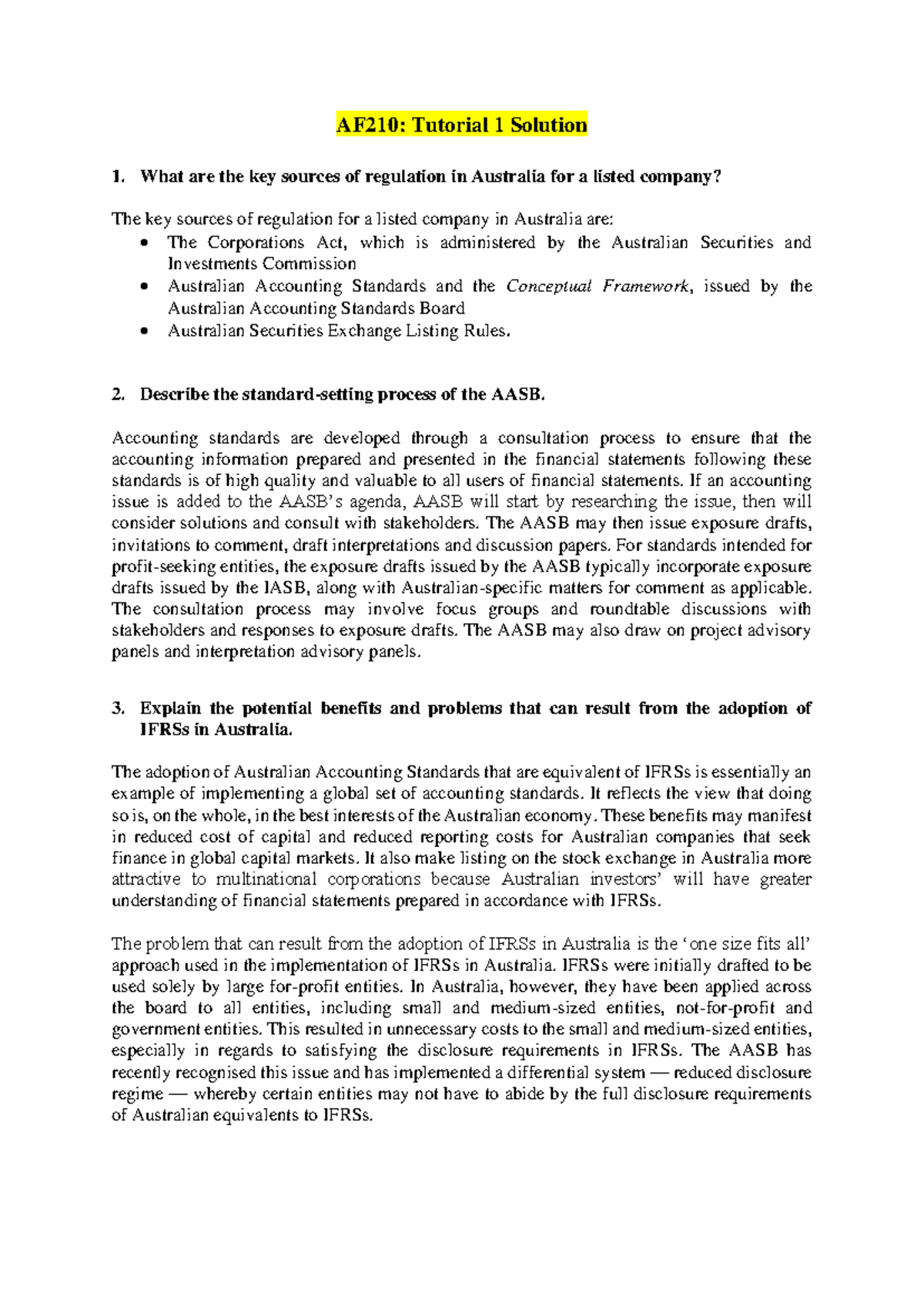 AF210 Tutorial 1 Solutions: Regulatory Framework & AASB Processes - Studocu