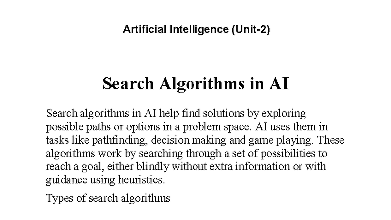 UNIT2-AI: Overview of AI Search Algorithms and Strategies - Studocu