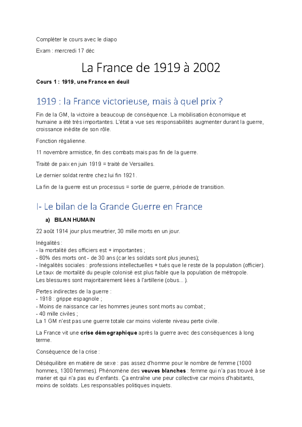 CM1 Histoire contemporaine : La France de 1919 à 2002 - Exam Notes ...