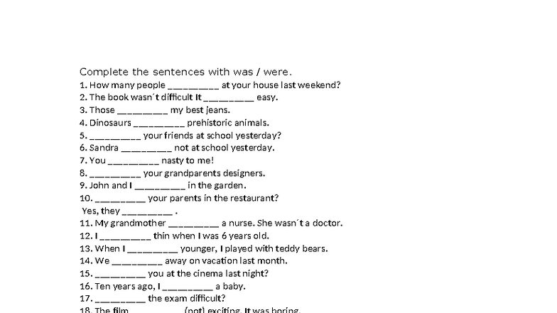 Complete the Sentences with "Was" for English Practice - Studocu