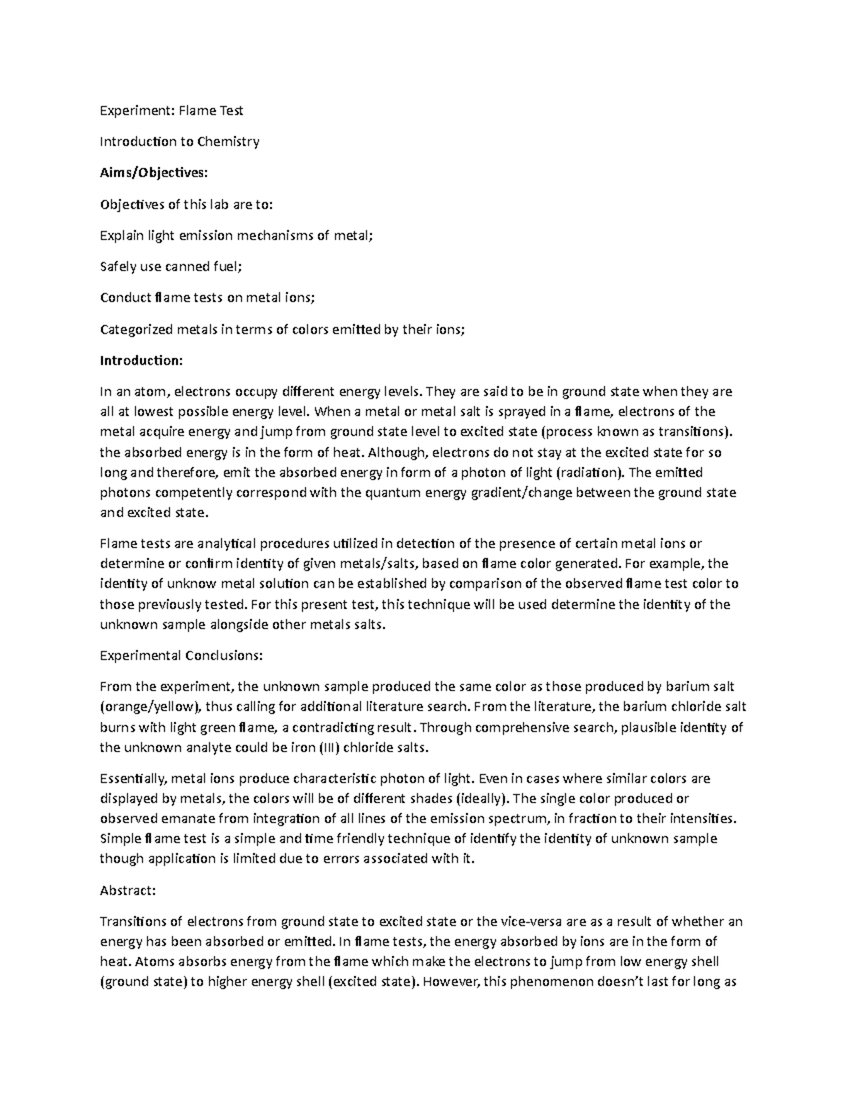 Chemistry- Flame Test Lab: Investigating Metal Ion Emissions - Studocu
