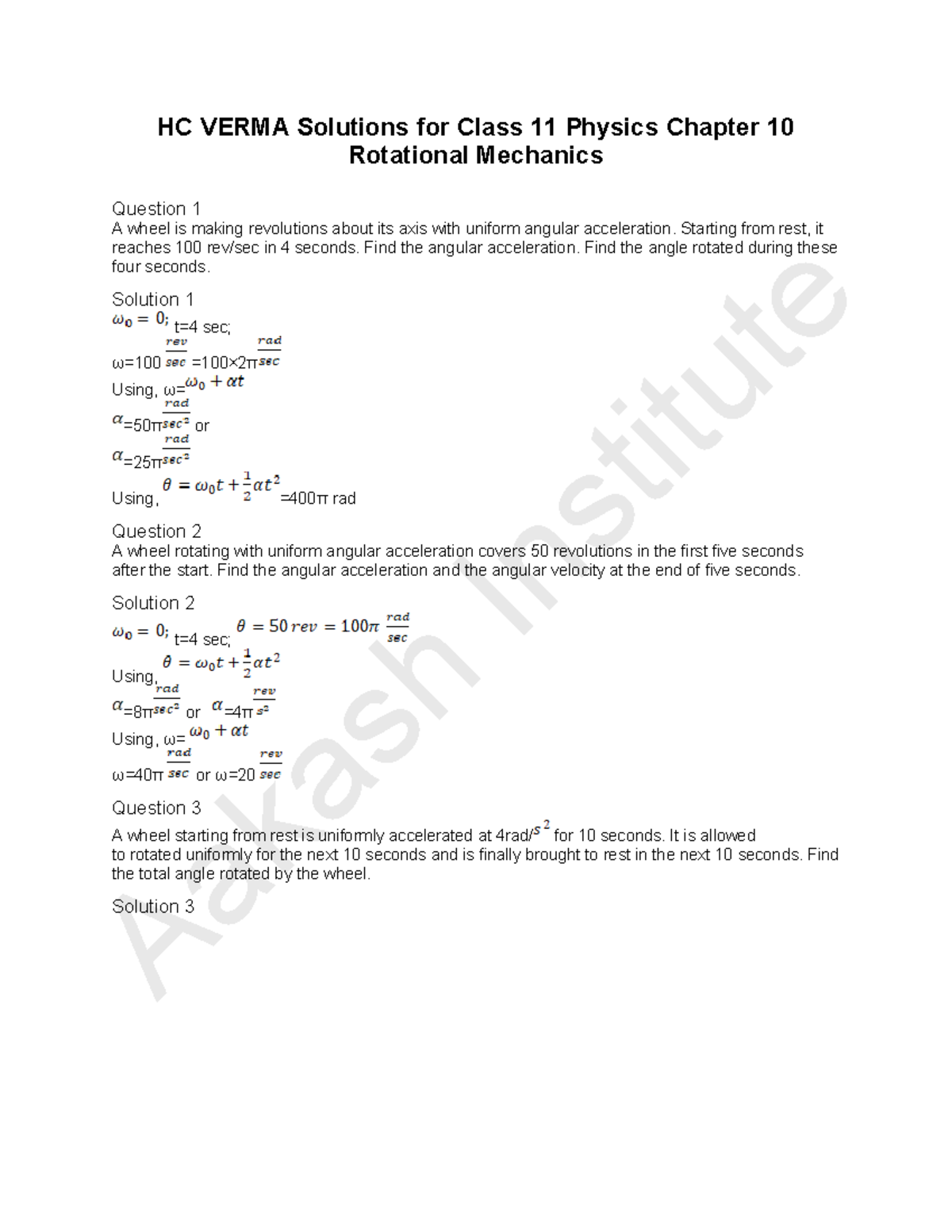 HC Verma Solutions for Class 11 Physics: Ch 10 Rotational Mechanics - Studocu