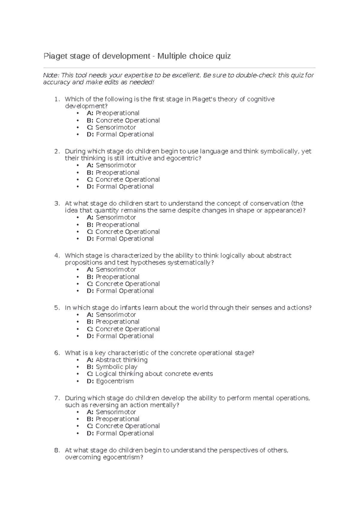 Piaget's Stages of Development - MC Quiz and Answer Key - Studocu