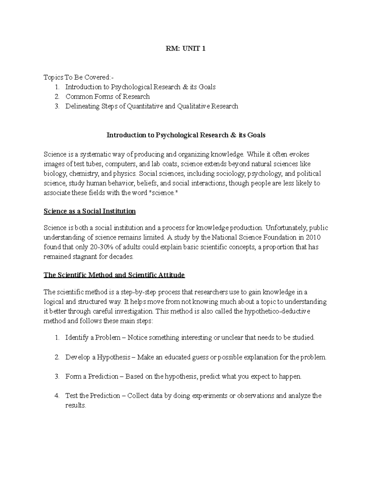 RM UNIT 1: Introduction to Psychological Research Methods and Goals ...